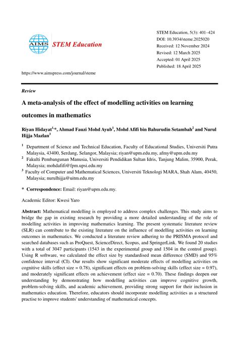 Pdf A Meta Analysis Of The Effect Of Modelling Activities On Learning