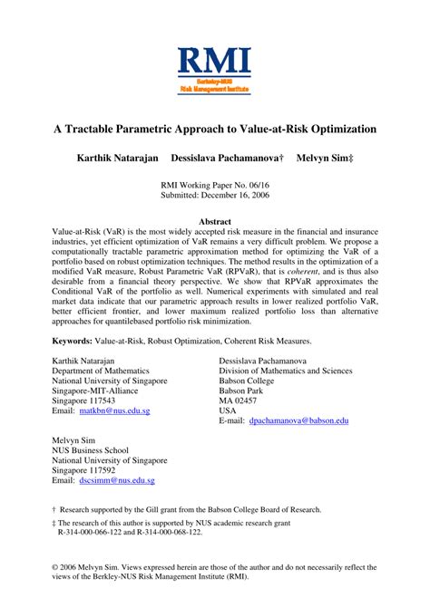 Pdf A Tractable Parametric Approach To Value At Risk Optimization