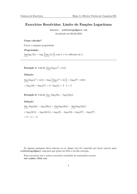 Limite Logaritmo Limite De Funções Logaritmas Docsity
