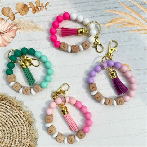 Personalized Silicone Beaded Wristlet Keychain Engraved Name Etsy