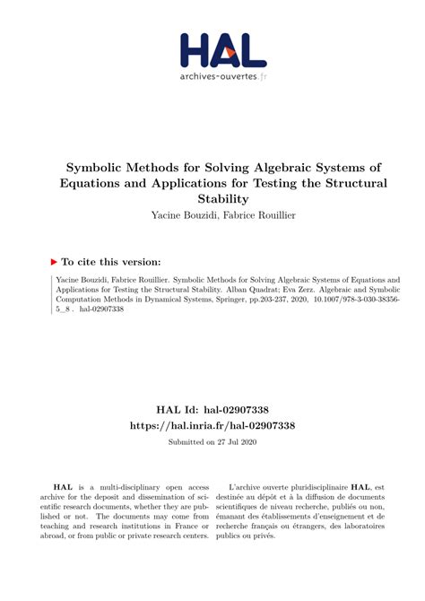 Pdf Symbolic Methods For Solving Algebraic Systems Of Equations And Applications For Testing