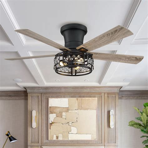 52 Inch Farmhouse 5 Blade Crystal Hugger Ceiling Fan With Remote