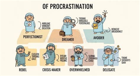 Cartoon Characters Representing Types Of Procrastination Stock