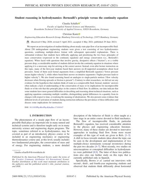 Pdf Student Reasoning In Hydrodynamics Bernoullis Principle Versus