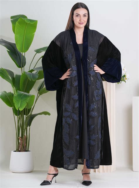 Navy Blue Velvet Abaya With Navy Blue Floral Embroidery Abayas From