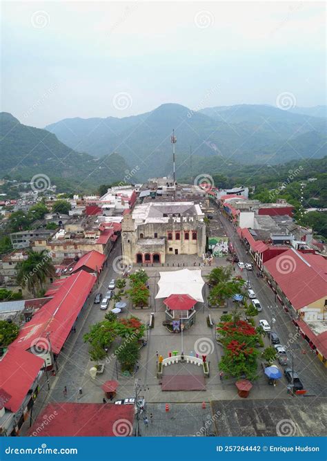 Vertical Aerial View Of The Center Of Xilitla In San Luis Potosi Stock