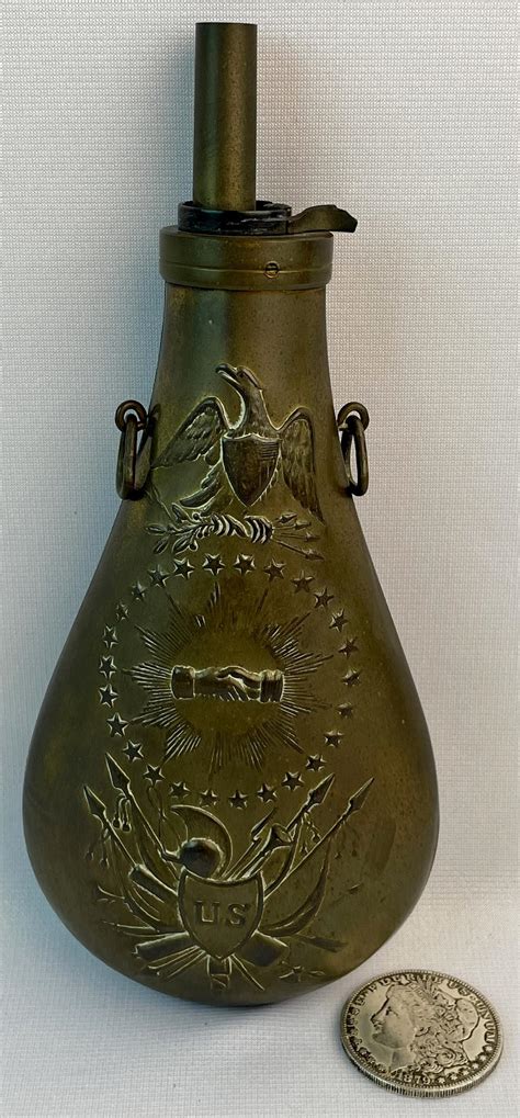 Lot Vintage Brass Embossed Peace Flask Black Powder Flask