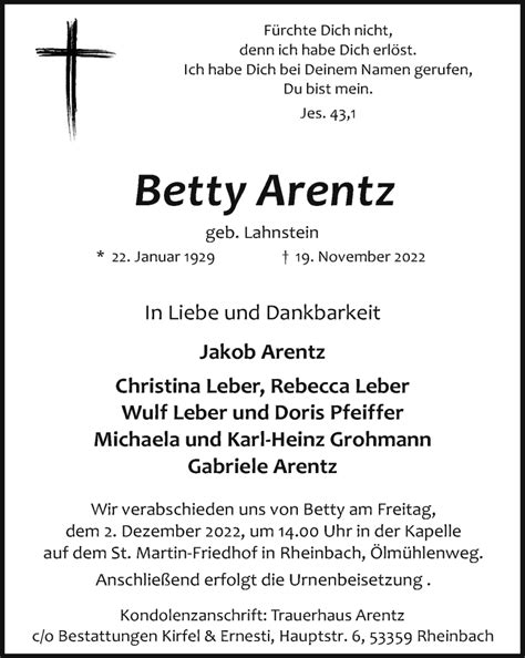 Traueranzeigen Von Betty Arentz Ga Trauerde