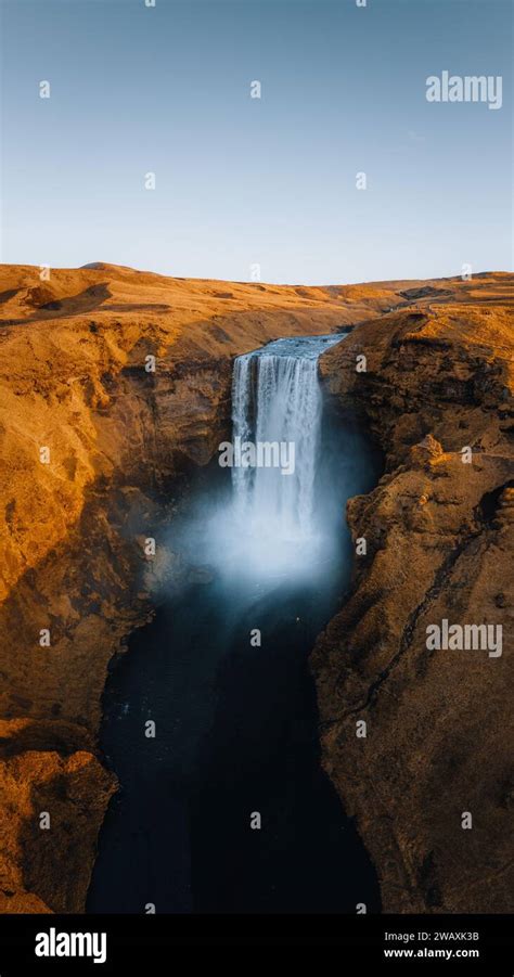 Iceland Aerial View On The Skogafoss Waterfall Landscape In The