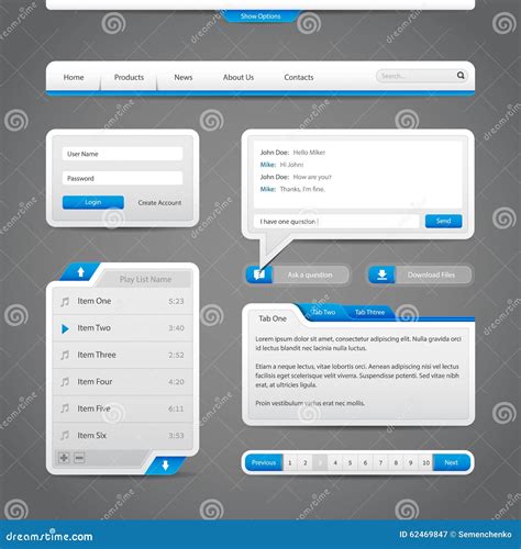 web ui controls elements gray and blue on dark background navigation