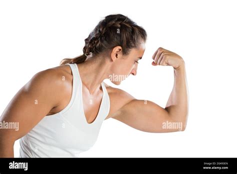 Female Athlete Flexing Muscles Stock Photo Alamy