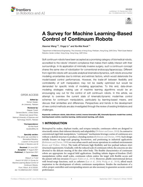 Pdf A Survey For Machine Learning Based Control Of Continuum Robots