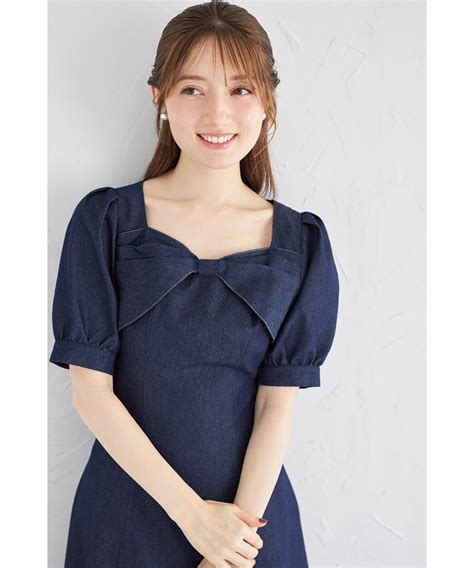 リボンモチーフ付きバックレースアップデニムワンピース