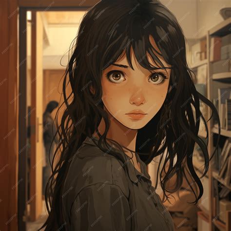 Anime Girl With Long Black Hair And Brown Eyes In A Library Generative