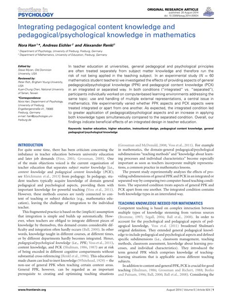 Pdf Integrating Pedagogical Content Knowledge And Pedagogical Psychological Knowledge In