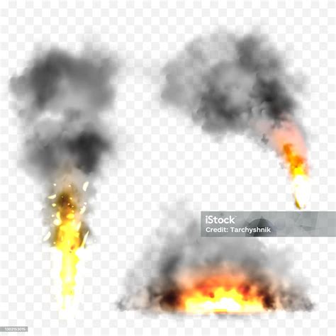 현실적인 검은 연기 구름과 화재 화염 폭발 폭발 불타는 물체에서 연기의 흐름 산불 투명 안개 효과 벡터 설계 요소 개념에 대한