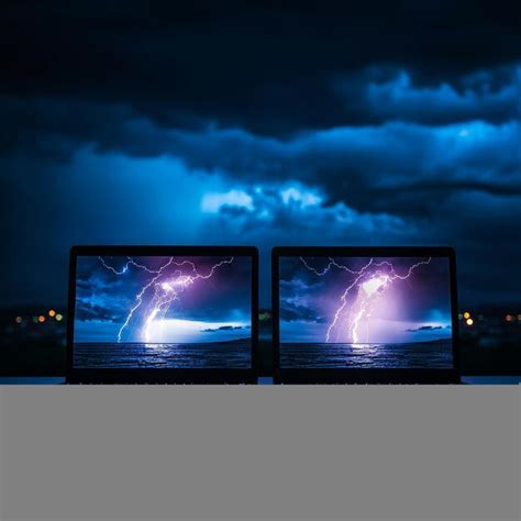 Two Laptops With A Lightning Strike In The Background Premium Ai Generated Image