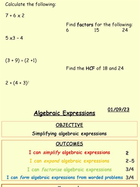 1 Algebraic Expressions Simplify Expand Factorise Sub A Pdf