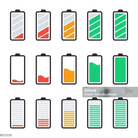 배터리 완전 충전 에너지 지표 충전 레벨 및 축압기 에너지 전체 및 빈 상태와 스마트 폰 전원 레벨 Ui 디자인 요소 벡터 격리 아이콘 설정 장치 배터리 수집 0명에 대한