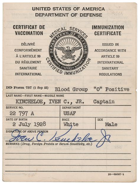 Iven Kincheloe Signed 1957 Usaf Immunization Booklet Rr Auction