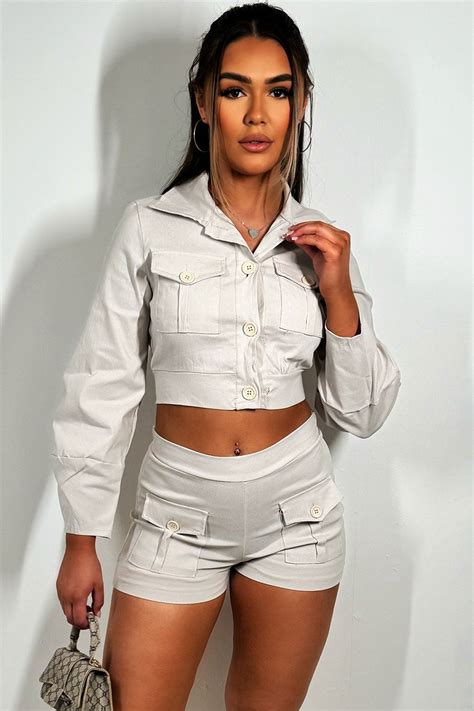 Cargo Shorts And Crop Top Set Beige Festival Rave Outfit Uk