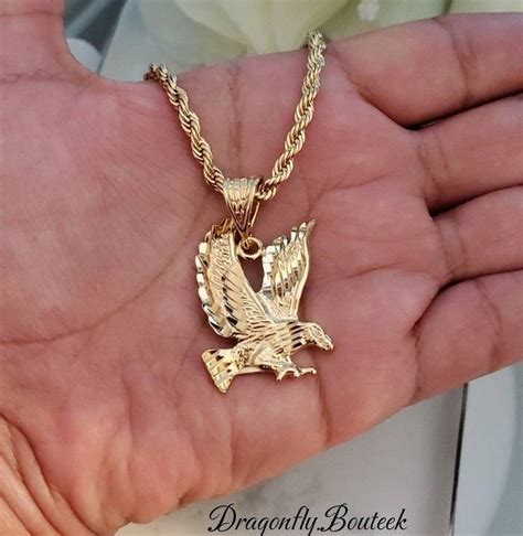 Gold Eagle Pendant Necklace 14k Plated Rope Chain Etsy
