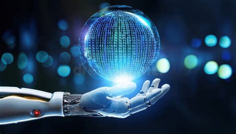 Robotic Hand Holds Glowing Orb Filled With Streaming Binary Code Symbolizing Technology And