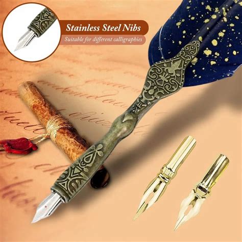 Vintage Carving Feather Pen Set Glittering Quill Pen Set Antique