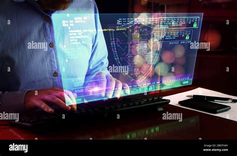 Man Typing Computer Keyboard With Futuristic Hologram Screen Abstract Concept Of Cyber Security