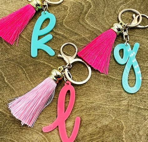 Initial Keychain With Tassel Keychain Initials Pink Tassel