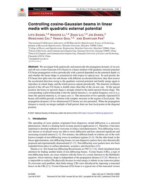 Pdf Controlling Cosine Gaussian Beam In Linear Media With Quadratic