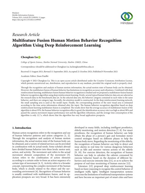 Pdf Multifeature Fusion Human Motion Behavior Recognition Algorithm