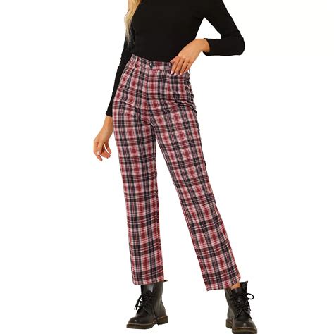 Womens Casual Plaid Pants Elastic High Waist Work Trousers