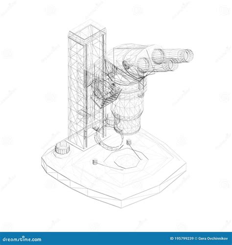 Wireframe Of A Microscope Made Of Black Lines Isolated On A White Background Desktop Microscope
