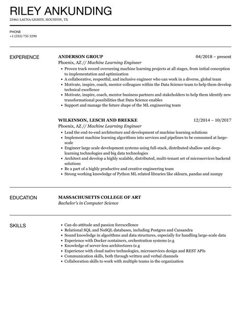 Machine Learning Engineer Resume Samples Velvet Jobs