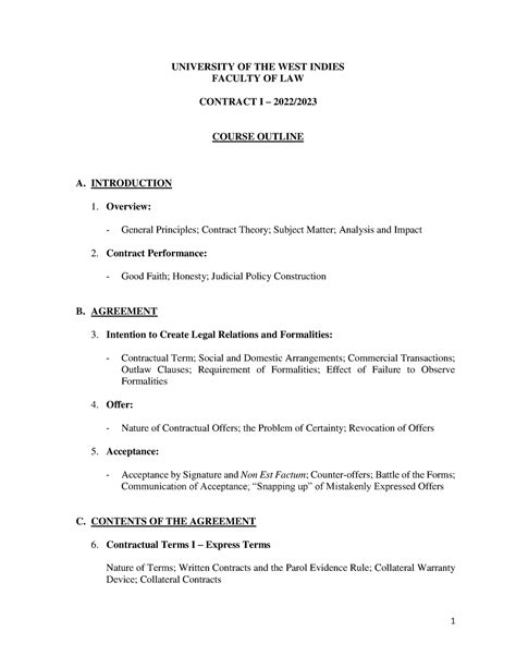 Contract I Course Outline 2023 1 University Of The West Indies Faculty Of Law Contract I