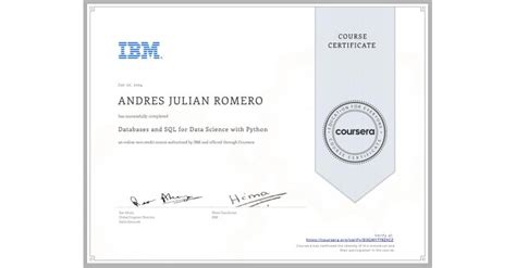 Completion Certificate For Databases And Sql For Data Science With Python Julian Romero