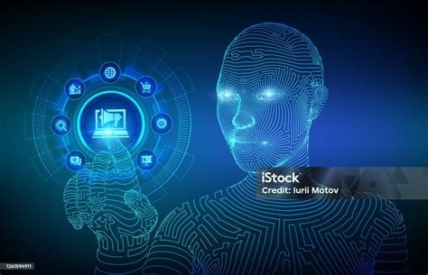 가상 화면에서 디지털 마케팅 기술 개념 인터넷 온라인 검색 엔진 최적화 Seo Smm 광고 와이어 프레임 사이보그 손 터치 디지털 인터페이스 벡터 그림입니다 광고에 대한