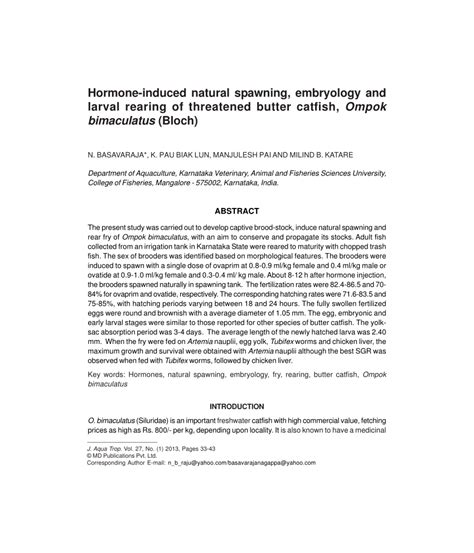 Pdf Hormone Induced Natural Spawning Embryology And Larval Rearing