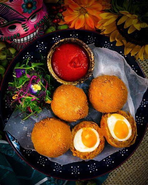 Sweet Paprika And Chorizo Scotch Eggs With Bravas Ketchup Spanish