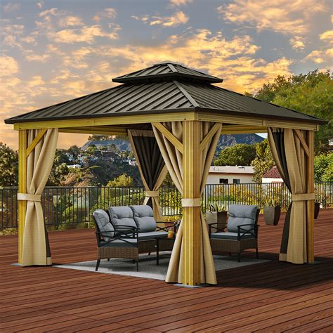 Yitahome 10x10ft Hardtop Gazebo With Nettings And Curtains Wood Grain