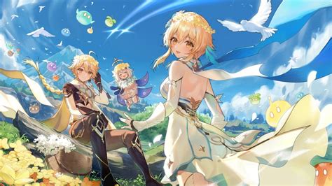 Lumine Aether Paimon And Slime Genshin Impact Drawn By Necomi