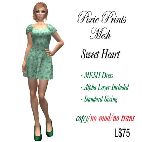 Second Life Marketplace Pixie Prints Mesh Sweet Heart Dress In Green