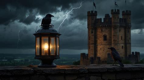 Raven On A Lantern And Castle Premium Ai Generated Image