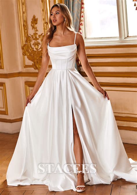A Line Satin Wedding Dress Cowl Neck Chapel Train With Bowknot Pleated