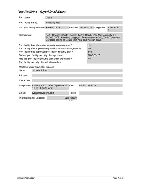 울산항 항만시설 보안책임자 Pfso 비상연락망 Pdf Port Longitude