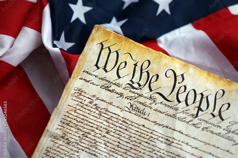 Preamble To The Constitution Of The United States And American Flag