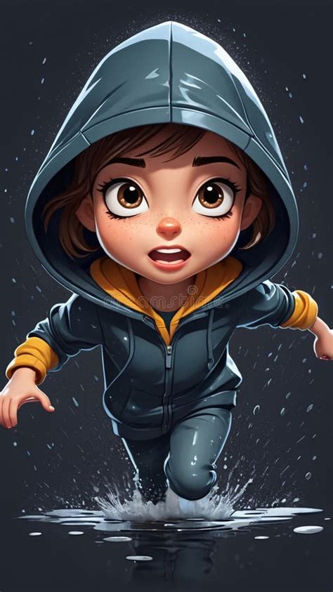 An Animated Girl Joyfully Running Through A Rainy Vibrant Urban Environment With Style Stock