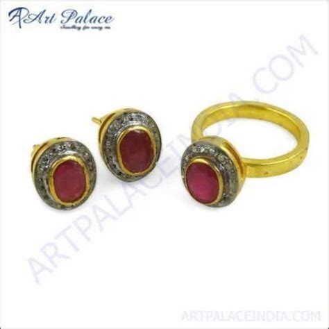 Ultimate Gold Plated Valuable Diamond And Ruby Silver Earrings And Ring Set