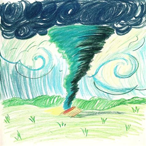 Vibrant Tornado Landscape With Dramatic Sky And Swirling Clouds Depicted In Colorful Crayon